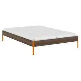 Bettgestell KARUP DESIGN "CORE BED Bodenbett, Holzrahmen, Futonbett, Jugendbett, Holzbett", carob braun, solar orange, B:146cm H:34cm L:206cm, Betten, Bettgestell, Massivholzbett mit Lattenrost, Kiefer massiv, Doppelbett ohne Kopfteil