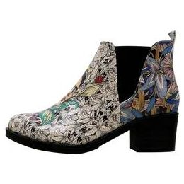 Stiefelette DOGO "Eve Boots Frida-Kahlo-with-Blue-Flowers", Damen, Gr. 38, Normalschaft, beige, Lederimitat, Schuhe Stiefelette, Handgefertigt