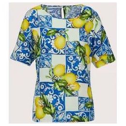 Madeleine Mode Kurzarmbluse MADELEINE "Blusenshirt Sommerbluse mit mediterranem Print", Damen, Gr. 34, blau (nachtblau, multicolor), Obermaterial: 55% Leinen LI. 45% Viskose CV., Modern, gerade, Blusen, &Uuml;berschnittene Schultern