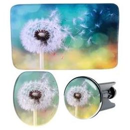Badaccessoire-Set Sanilo "Pusteblume", blau (blau, t&uuml;rkis), Polyester, Polyresin (Kunststein), Badaccessoires-Sets, bestehend aus WC-Sitz, Badteppich und Waschbeckenst&ouml;psel