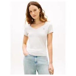 Tommy Hilfiger Kurzarmshirt TOMMY JEANS "TJW SLIM V-NECK TEE", Damen, Gr. M (38), ice grau heather, Single Jersey, Obermaterial: 100% Baumwolle, meliert, slim fit h&uuml;ftlang, V-Ausschnitt, abgesteppt, Shirts, mit Logo-Stickerei