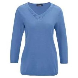 Rundhalspullover GOLDNER "Kurzgr&ouml;&szlig;e Pullover mit V-Ausschnitt", Damen, Gr. 21, blau (jeansblau), Obermaterial: 50% Baumwolle CO. 50% Polyacryl PAN., Rippe, Pullover Rundhalspullover, Mit h&uuml;bschen Ajourdetails am V-Ausschnitt