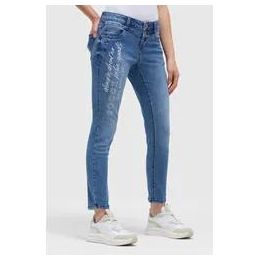 Slim-fit-Jeans SOCCX, Damen, Gr. 27, Normalgr&ouml;&szlig;en, blau, Denim/Jeans, Material: 63% Baumwolle, 23% Polyester, 12% Viskose, 2% Elasthan, Zusatz: Enth&auml;lt nichttextile Teile tierischen Ursprungs (Badge), bedruckt, slim fit, Jeans Slim-fit-Jeans, mit normaler Leibh&ouml;he