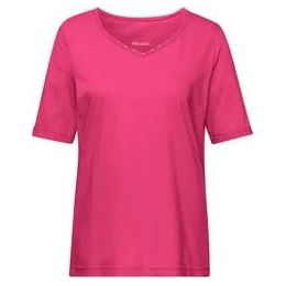 Langarm-Poloshirt GOLDNER "Kurzgr&ouml;&szlig;e Halbarm Basic-Shirt aus Baumwolle", Damen, Gr. 22, pink (cyclam), Obermaterial: 95% Baumwolle CO. 5% Elasthan EL., V-Ausschnitt, Tubular, Shirts, Ausschnitt in Herzform mit Schmucksteinen verziert