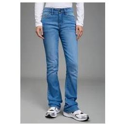 Bootcut-Jeans Arizona "Baby-Boot", Damen, Gr. 36, N-Gr, blau used, Denim/Jeans, Obermaterial: 79% Baumwolle, 19% Polyester, 2% Elasthan, Basic, eng lang, Jeans, Bootcut-Stil, figurbetonte Passform, mit Used-Effekten, Topseller