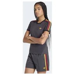 T-Shirt Adidas ORIGINALS "3-STREIFEN SCHMAL GESCHNITTEN", Damen, Gr. M, utility schwarz, schwarz, team power rot 2, collegiate gold, Obermaterial: 93% Baumwolle, 7% Elasthan, Rundhals, Shirts T-Shirt, sanft anliegende Passform, ohne Verschluss, f&uuml;r sportlichen Look