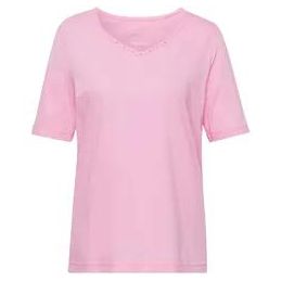 Langarm-Poloshirt GOLDNER "Halbarm Basic-Shirt aus Baumwolle", Damen, Gr. 44, rosa (geranie), Obermaterial: 95% Baumwolle CO. 5% Elasthan EL., V-Ausschnitt, Tubular, Shirts, Ausschnitt in Herzform mit Schmucksteinen verziert