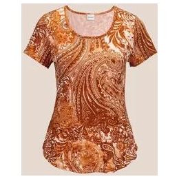 Madeleine Mode Kurzarmshirt MADELEINE "Shirt Sommerliches Shirt mit Alloverprint", Damen, Gr. 42, wei&szlig; (cognac, wollwei&szlig;), Obermaterial: 95% Viskose CV. 5% Elasthan EL., Modern, schmal, U-Boot-Ausschnitt, Shirts