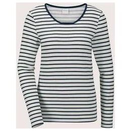 Madeleine Mode Langarmshirt MADELEINE "Ringelshirt Kurzes Rundhals-Shirt", Damen, Gr. 34, wei&szlig; (wollwei&szlig;, marine), Obermaterial: 95% Viskose CV. 5% Elasthan EL., Modern, normal, Shirts Langarmshirt