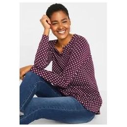 Langarmshirt bonprix "Gepunktetes Baumwoll-Langarmshirt mit Seitenschlitzen", Damen, Gr. 40/42 (M), lila (holunderbeere, wei&szlig; gepunktet), Obermaterial: 95% Baumwolle, 5% Elasthan, loose fit, Shirts Langarmshirt, lockere Passform, mit Seitenschlitzen, gep&uuml;nktetes Design