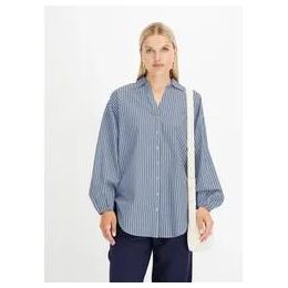 Langarmbluse bonprix "Oversize-Bluse aus reiner Baumwolle", Damen, Gr. 56, blau (dunkelblau, wei&szlig; l&auml;ngs gestreift), Obermaterial: 100% Baumwolle, oversize, Blusen, Oversize-Passform, mit V-Ausschnitt, aus Baumwolle