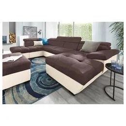 Wohnlandschaft COTTA "Speedway U-Form", creme, braun, B:332cm H:79cm T:102cm, Kunstleder SOFTLUX / Luxus-Microfaser (100% Polyester);Flachgewebe (100% Polyester) / Struktur fein ( 100% Polyester);Kunstleder SOFTLUX / Struktur (100% Polyester), Sofas, Wohnlandschaft, mit Kopfteilverstellung, wahlweise mit Bettfunktion & Bettkasten