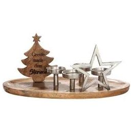 Kerzentablett Gilde "Adventsleuchter Sternmotiv, naturfarben, silberfarben", silberfarben, braun, B:50cm H:26cm T:22cm, Massivholz, Metall, Kerzenhalter, Kerzentablett
