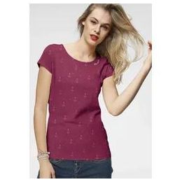 T-Shirt Ragwear "FLORAH A ORGANIC O", Damen, Gr. S (36), raspberry 4051, Single Jersey, Obermaterial: 70% Baumwolle, 30% Polyester, bedruckt, gemustert, kontrastfarbene Details, mehrfarbig, figurbetont normal, Rundhals, Shirts T-Shirt, mit maritimen Anker-Allover-Druck