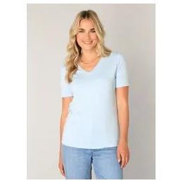 T-Shirt Base Level "Yanic", Damen, Gr. 44, light blau, Single Jersey, Obermaterial: 96% Viskose, 4% Elasthan, unifarben, regular fit h&uuml;ftbedeckend, V-Ausschnitt, Shirts T-Shirt, mit V-Ausschnitt