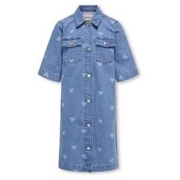 Jeanskleid KIDS Only "KOGLOVA SS HEART DNM DRESS", M&auml;dchen, Gr. 152, N-Gr, medium blau denim, Denim/Jeans, Obermaterial: 100% Baumwolle, bedruckt, leichte Abriebeffekte, Basic normal, Rundhals, weit angesetztes B&uuml;ndchen, Kleider
