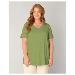 T-Shirt Base Level Curvy "Alba", Damen, Gr. 46, gr&uuml;n, Single Jersey, Obermaterial: 94% Viskose, 6% Elasthan, figurumspielend h&uuml;ftlang, V-Ausschnitt, abgesteppt, Shirts T-Shirt, mit V-Ausschnitt