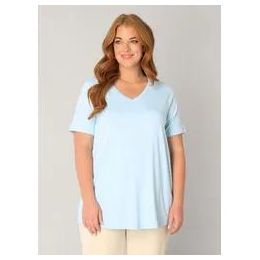 T-Shirt Base Level Curvy "Alba", Damen, Gr. 44, light blau, Single Jersey, Obermaterial: 94% Viskose, 6% Elasthan, figurumspielend h&uuml;ftlang, V-Ausschnitt, abgesteppt, Shirts T-Shirt, mit V-Ausschnitt