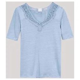Madeleine Mode Kurzarmshirt MADELEINE "Shirt Kurzarm-Shirt aus Leinen mit feinem Spitzen-Akzent", Damen, Gr. 38, blau (himmelblau), Obermaterial: 100% Leinen LI., Modern, normal, V-Ausschnitt, Shirts