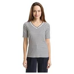 T-Shirt Tom Tailor, Damen, Gr. 3XL, sanftes wei&szlig; navy blau stripe, Single Jersey, Obermaterial: 97% Baumwolle, 3% Elasthan, gestreift, regular fit normal, V-Ausschnitt, gerader Abschluss, Shirts T-Shirt, mit Kontrast Detail