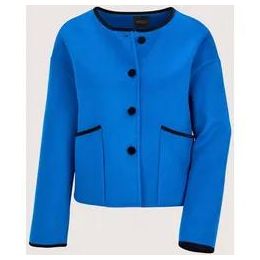 Madeleine Mode Kurzjacke MADELEINE "Blazer Trendige Kurzjacke mit Kontrastdetails", Damen, Gr. 48, schwarz (royalblau, schwarz), Obermaterial: 72% Wolle mw. 15% Polyester PES. 10% Kaschmir WS. 3% sonstige Fasern AF., Modern, Jacken Kurzjacke, Aufgesetzte Taschen
