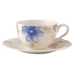Villeroy & Boch Tasse VILLEROY & BOCH "Fr&uuml;hst&uuml;ckstasse mit Untertasse Mariefleur Gris Basic 290 ml bunt", bunt, 1 tlg., Porzellan, Trinkgef&auml;&szlig;e, Tasse
