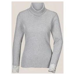 Madeleine Mode Langarmshirt MADELEINE "Rollkragenshirt Elegantes Basicshirt mit Spitze, Rollkragen", Damen, Gr. 48, grau (graumelange), Obermaterial: 74% Wolle mw. 10% Polyester PES. 9% Kaschmir WS. 2% diverse Faserarten dF. 2% Polyamid PA., Modern, normal, Rollkragen, Shirts Langarmshirt, Spitzenbesatz am &Auml;rmelabschluss