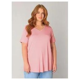 T-Shirt Base Level Curvy "Alba", Damen, Gr. 48, soft pink, Single Jersey, Obermaterial: 94% Viskose, 6% Elasthan, figurumspielend h&uuml;ftlang, V-Ausschnitt, abgesteppt, Shirts T-Shirt, mit V-Ausschnitt