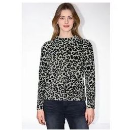 Langarmshirt STREET ONE STUDIO, Damen, Gr. 36, schwarz, Web, 75% Baumwolle, 20% Polyester, 5% Elasthan, normal normal, hoch geschlossener Ausschnitt, abgesteppt, Shirts Langarmshirt, im Leo Design