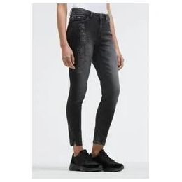 Slim-fit-Jeans SOCCX, Damen, Gr. 33, Normalgr&ouml;&szlig;en, jogg grau printed, Denim/Jeans, Material: 68% Baumwolle, 16% Polyester, 14% Lyocell, 2% Elasthan, Zusatz: Enth&auml;lt nichttextile Teile tierischen Ursprungs (Badge), bedruckt, slim fit, Jeans Slim-fit-Jeans, mit verk&uuml;rztem Bein