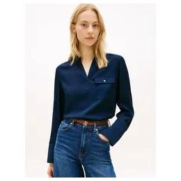 Langarmbluse Tommy Hilfiger "VIS TWILL V NECK BLOUSE LS", Damen, Gr. 46, schwarz night navy, Web, Obermaterial: 100% Viskose, unifarben, normal, Blusen, mit Knopfleiste