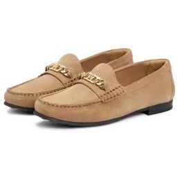 Loafer Tommy Hilfiger "TH CHAIN SUEDE LOAFER", Damen, Gr. 39, safari, Veloursleder, unifarben, Basic, Schuhe Loafer, Slipper, Businessschuh, Schlupfschuh mit goldfarbener Zierkette