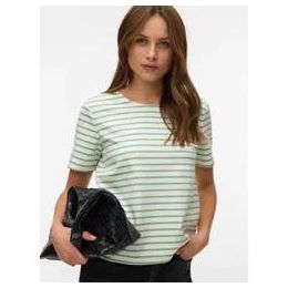 V&eacute;ro Moda Rundhalsshirt VERO MODA "VMABBY SS ZIP TOP JRS NOOS", Damen, Gr. M, snow wei&szlig; stripes:mistletoe, Jersey, Obermaterial: 77% Polyester, 19% Viskose, 4% Elasthan, gestreift, normal, Rundhals, Shirts Rundhalsshirt, Materialmix, regular fit