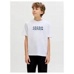 Jack & Jones T-Shirt JACK & JONES JUNIOR "JCOFUSION JJ BRANDING TEE SS CN JNR", Jungen, Gr. 140, hellwei&szlig;, Single Jersey, Obermaterial: 58% Polyester, 42% Baumwolle, bedruckt, relaxed fit normal, Rundhals, Shirts T-Shirt