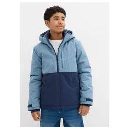 Winterjacke bonprix, Jungen, Gr. 152/158, blau (dunkelblau, wellenblau meliert), Web, Obermaterial: 100% Polyester. Futter: 100% Polyester. Wattierung: 100% Polyester, normal h&uuml;ftbedeckend, Rundhals, mit Riegel B&uuml;ndchen, Jacken Winterjacke, im Colourblocking-Design, mit wattierter Kapuze, windabweisend