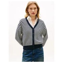 Strickpullover Tommy Hilfiger "CO CARDI LS CARDI", Damen, Gr. M (40), fine stp ivory pet, schwarz n navy, Strick, Obermaterial: 100% Baumwolle, gestreift, regular fit, V-Ausschnitt, Pullover Strickpullover, mit Knopfleiste