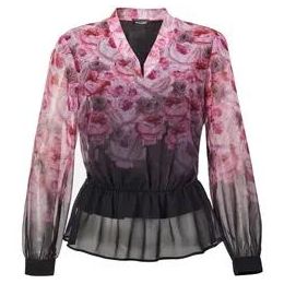 Satinbluse GOLDNER "Florale Printbluse mit V-Ausschnitt", Damen, Gr. 44, schwarz (schwarz, altros&eacute;, gemustert), Obermaterial: 100% Polyester PES., figurumspielend, Manschette, Blusen, Manschetten