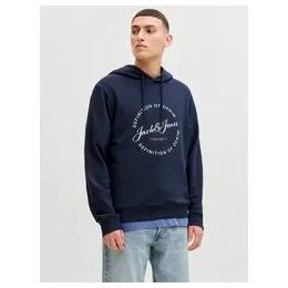 Jack & Jones Kapuzensweatshirt JACK & JONES "JJGRAYSON SWEAT HOOD", Herren, Gr. XL, navy blazer, angeraute Sweatware, Obermaterial: 65% Polyester, 35% Baumwolle, bedruckt, regular fit, Rippb&uuml;ndchen, Sweatshirts