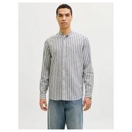 Jack & Jones Langarmhemd JACK & JONES "JJESUMMER LINEN BLEND BAND SHIRT L/S SN", Herren, Gr. XL, N-Gr, vetiver stripes:stripes, Web, Obermaterial: 70% Baumwolle, 30% Leinen, gestreift, regular fit normal, 1-Knopf-Manschette, Hemden, Baumwollmischung, regular fit