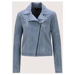 Madeleine Mode Lederjacke MADELEINE "Lederjacke Kurze Bikerjacke aus softem Ziegenvelours", Damen, Gr. 44, blau (rauchblau), Obermaterial: 100% Ziegenveloursleder GOVL., Modern, normal, Jacken