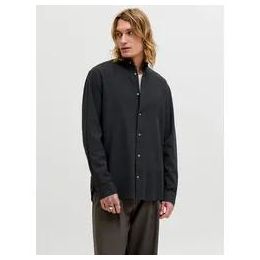 Jack & Jones Langarmhemd JACK & JONES "JJESUMMER LINEN BLEND BAND SHIRT L/S SN", Herren, Gr. L, N-Gr, schwarz, Web, Obermaterial: 70% Baumwolle, 30% Leinen, unifarben, regular fit normal, 1-Knopf-Manschette, Hemden, Baumwollmischung, regular fit
