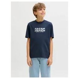 Jack & Jones T-Shirt JACK & JONES JUNIOR "JCOFUSION JJ BRANDING TEE SS CN JNR", Jungen, Gr. 140, outer space, Single Jersey, Obermaterial: 58% Polyester, 42% Baumwolle, bedruckt, relaxed fit normal, Rundhals, Shirts T-Shirt