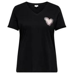 Kurzarmshirt Only CARMAKOMA "CARBEA LIFE SS V-NECK TEE", Damen, Gr. S, schwarz print:heart, Jersey, Obermaterial: 100% Baumwolle, bedruckt, regular fit normal, V-Ausschnitt, Shirts, Baumwolle, regular fit