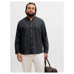Jack & Jones PlusSize Langarmhemd "JJEBREEZE LINEN BLEND BAND SHIRT L PLS", Herren, Gr. 6XL, N-Gr, schwarz, Web, Obermaterial: 70% Baumwolle, 30% Leinen, JACK & JONES PLUSSIZE, Hemden, mit Stehkragen
