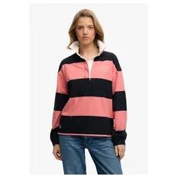 Langarm-Poloshirt Superdry "HERITAGE STRIPE RUGBY TOP", Damen, Gr. XL, navy, preppy pink, Single Jersey, Obermaterial: 100% Baumwolle, gestreift, oversize normal, Rundhals, Shirts
