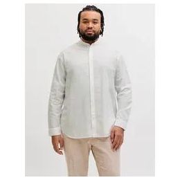 Jack & Jones PlusSize Langarmhemd "JJEBREEZE LINEN BLEND BAND SHIRT L PLS", Herren, Gr. 4XL, N-Gr, wei&szlig;, Web, Obermaterial: 70% Baumwolle, 30% Leinen, JACK & JONES PLUSSIZE, Hemden, mit Stehkragen