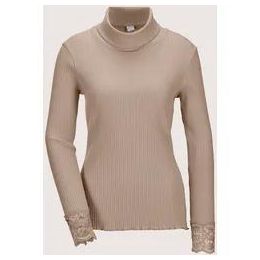 Madeleine Mode Langarmshirt MADELEINE "Rollkragenshirt Elegantes Basicshirt mit Spitze, Rollkragen", Damen, Gr. 46, beige (berber), Obermaterial: 74% Wolle mw. 10% Polyester PES. 9% Kaschmir WS. 2% diverse Faserarten dF. 2% Polyamid PA., Modern, normal, Rollkragen, Shirts Langarmshirt, Spitzenbesatz am &Auml;rmelabschluss