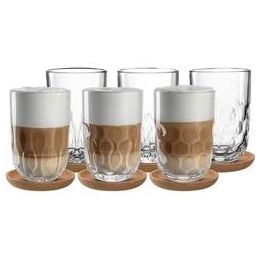 Latte-Macchiato-Glas Leonardo "Latte Macchiato Gl&auml;ser mit Untersetzer Gocce 390 ml 6er Set transparent", bunt (transparent), 12 tlg., Glas, Trinkgef&auml;&szlig;e, Latte-Macchiato-Glas
