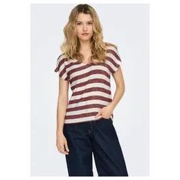 V-Shirt Only "ONLLIRA LIFE S/S V-NECK TOP JRS NOOS", Damen, Gr. XS, spiced apple stripes:cloud dancer, Jersey, Obermaterial: 95% Viskose, 5% Elasthan, gestreift, regular fit normal, V-Ausschnitt, Shirts