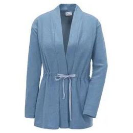 Fleecejacke GOLDNER "Kurzgr&ouml;&szlig;e Kuscheliger Cardigan mit Bindeband", Damen, Gr. 23, blau, Obermaterial: 50% Baumwolle CO. 50% Polyester PES., gerade, eng Gerade, Homewear-Sets Fleecejacke, Bindeg&uuml;rtel